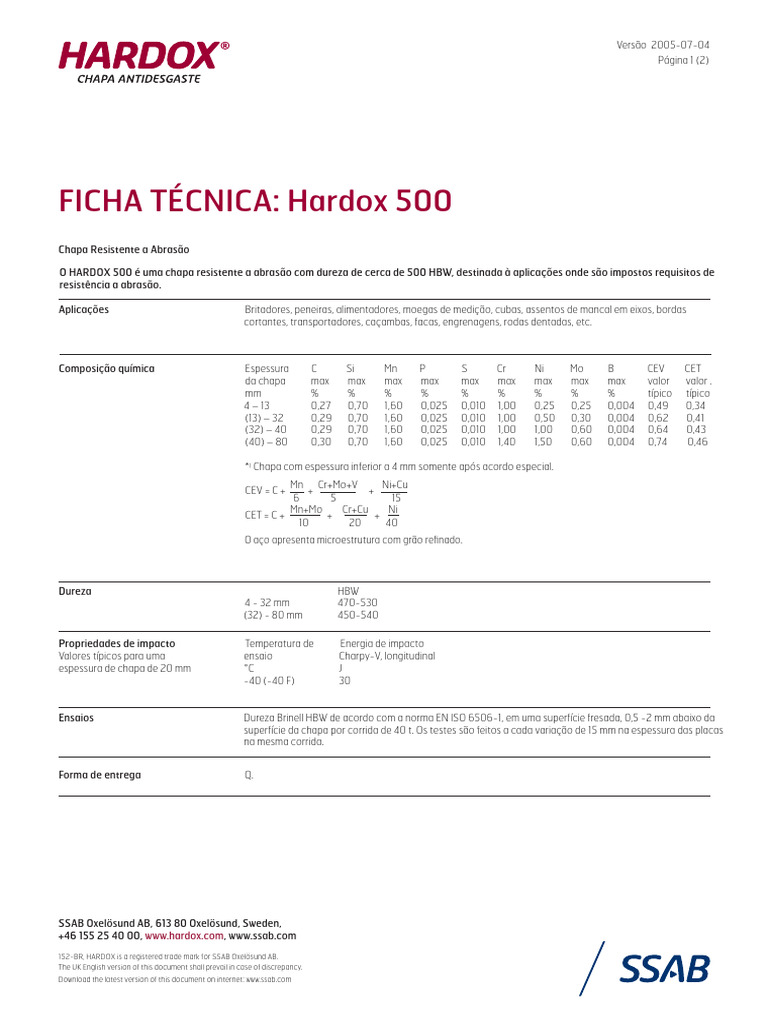 Hardox - 500 - BR - Ficha Técnica | PDF | Metais | Materiais