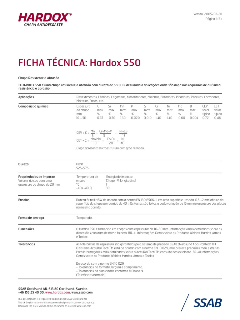 Hardox 550 BR Ficha Técnica | PDF | Dureza | Ciências Físicas