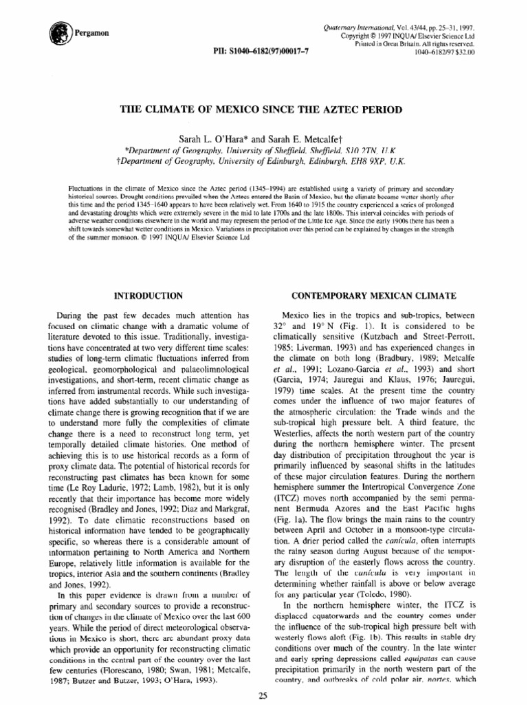 The Climate of Mexico Since The Aztec Period O'Hara and Metcalfe 1995 ...