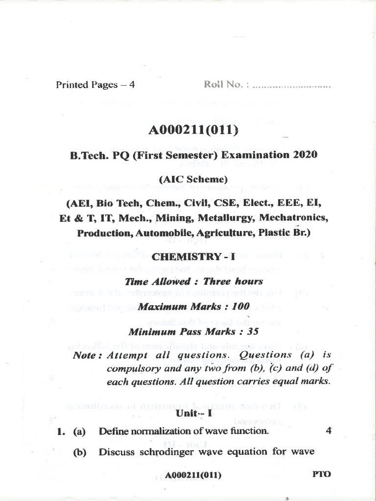 Btech 1 Sem Chemistry 1 A000211 2020 | PDF