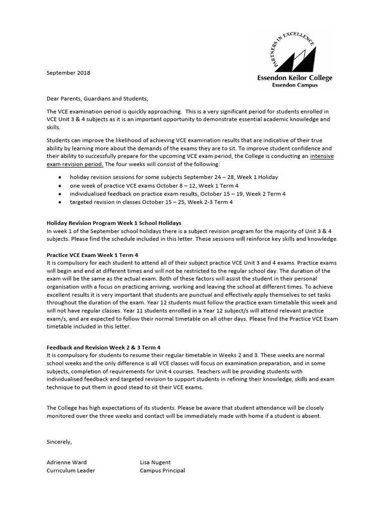 Letter Home To Families VCE Practice Exam Week | PDF | Behavior ...