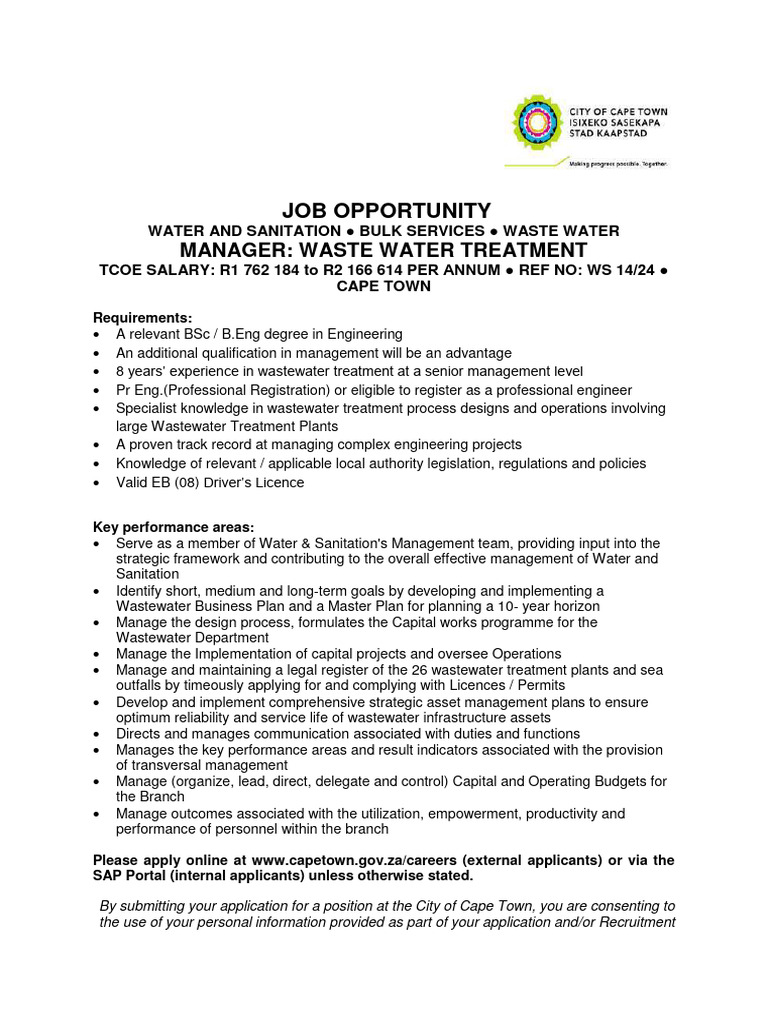 Manager Wastewater | PDF | Sanitation | Recruitment