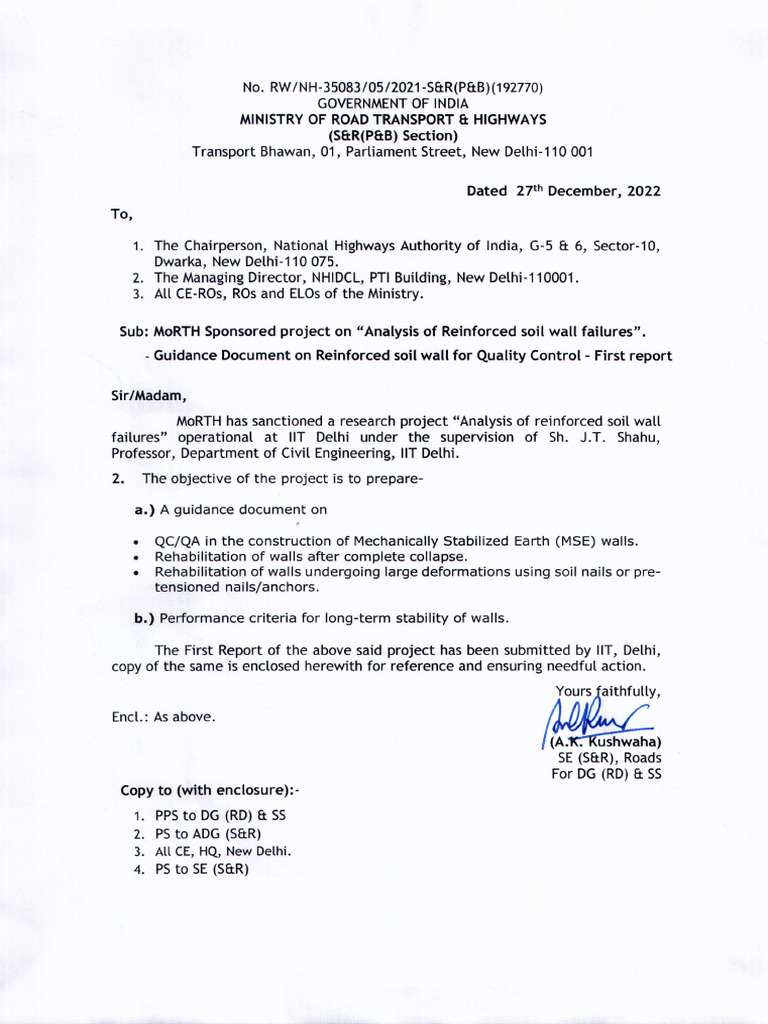 MoRTH Sponsored Project on Analysis of Reinforced Soil Wall Failures ...