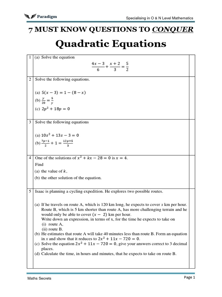 Sec 2 Paradigm Math Quadratic Equations | PDF | Equations | Quadratic ...