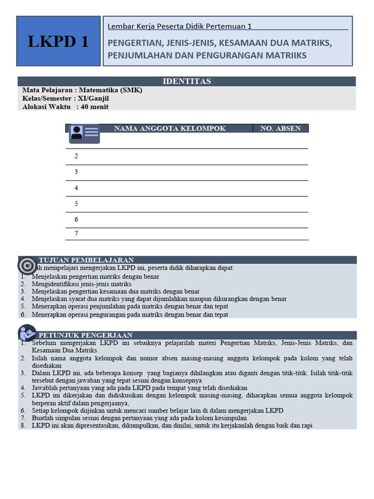 Lampiran LKPD 1 Dan 2 Matriks | PDF