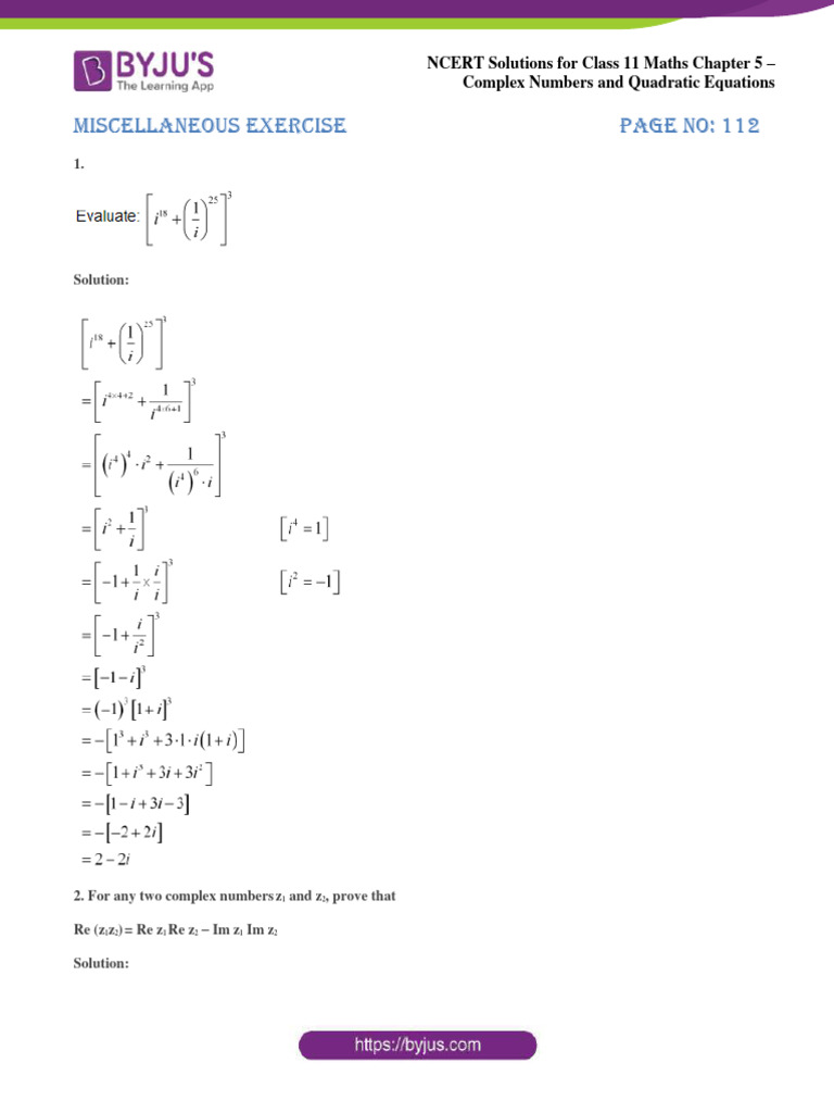 NCERT Solutions For Class 11 Maths Chapter 5 Complex Numbers and Quadratic Equations ...