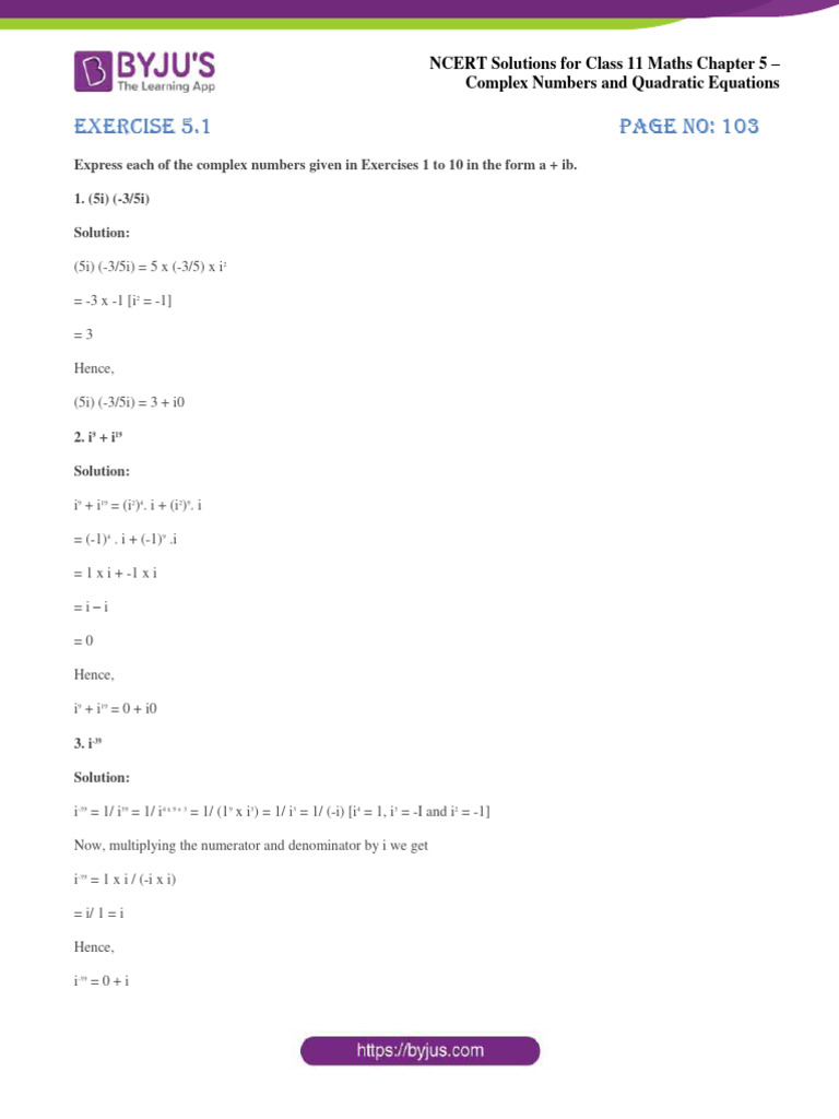 NCERT Solutions for Class 11 Maths Chapter 5 Complex Numbers and Quadratic Equations | PDF ...