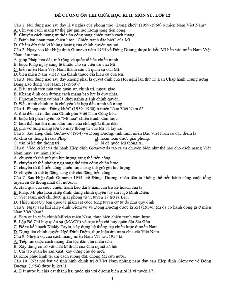 Đề Cương Su12 Chung KTGK | PDF