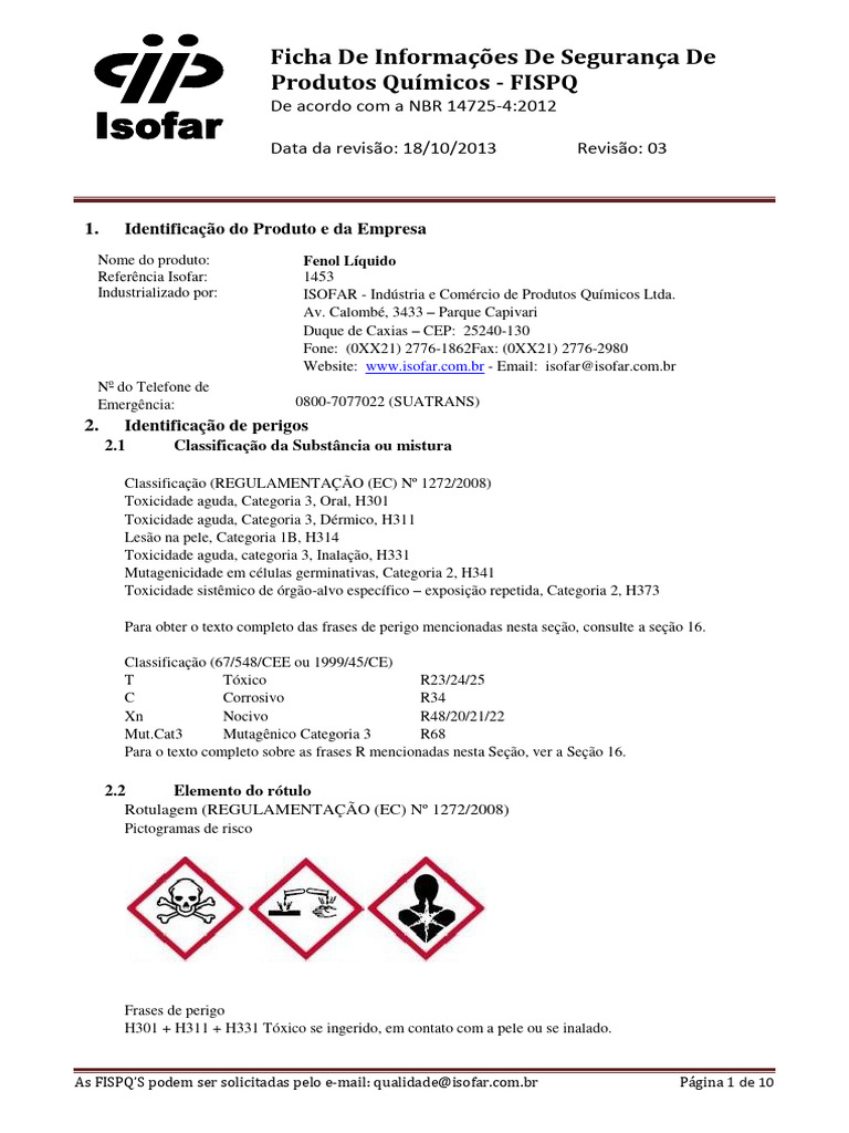 FISPQ Fenol Líquido 1 | PDF | Vapor | Queimadura