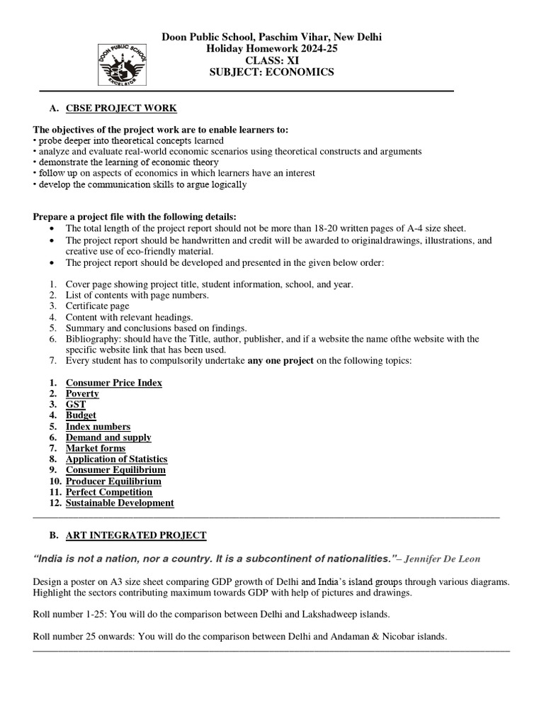 Class XI Economics Holiday Homework 2024-25 | PDF | Economics | Economies
