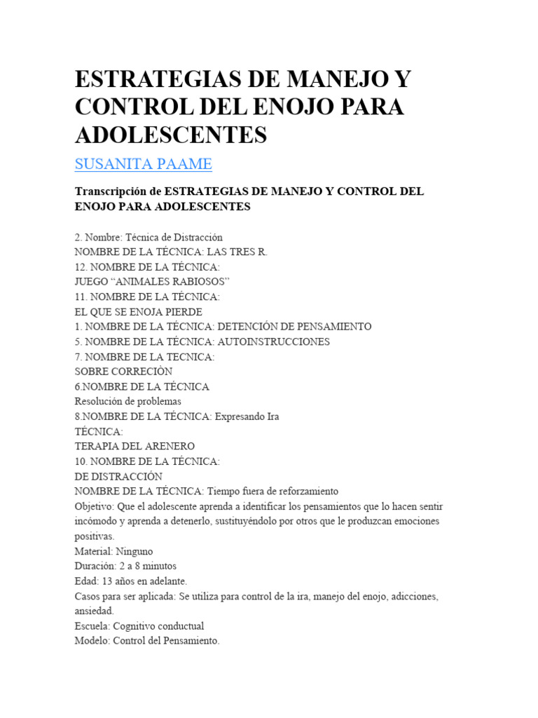 ESTRATEGIAS DE MANEJO Y CONTROL DEL ENOJO PARA ADOLESCENTES | PDF | Ira ...