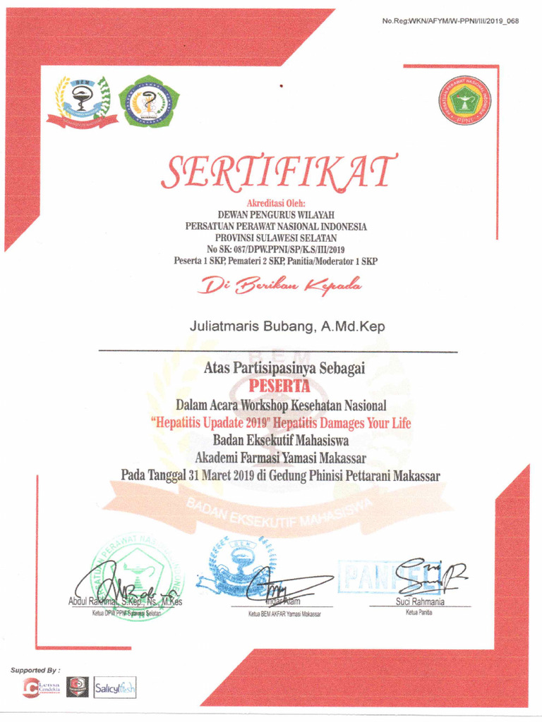 Sertifikat Workshop Hepatitis Update 2019 Hepatitis Damages Your Life 2