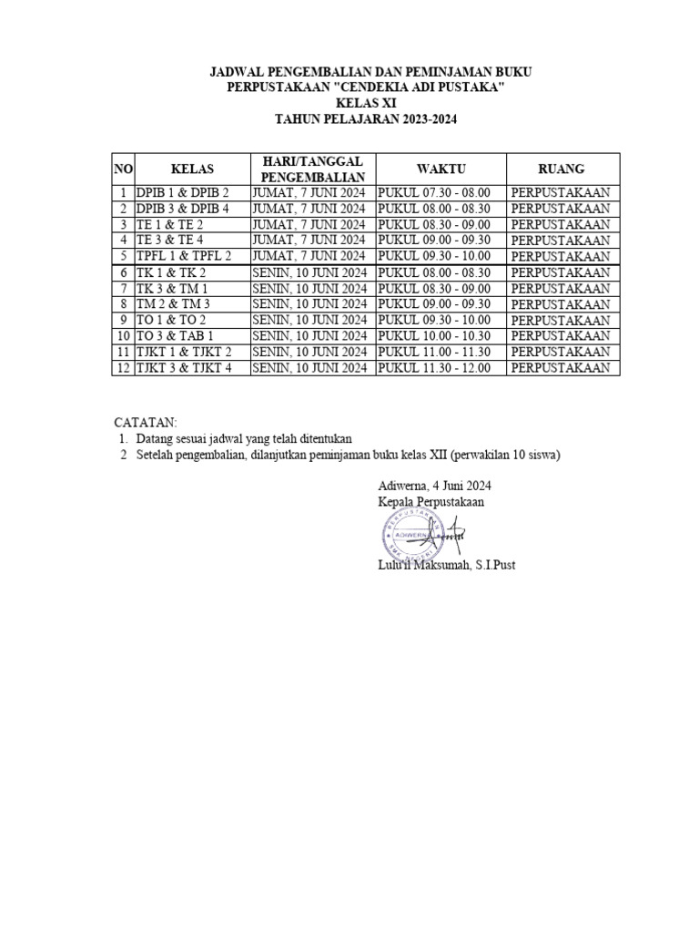 Jadwal Pengembalian & Peminjaman Buku Kelas XI | PDF