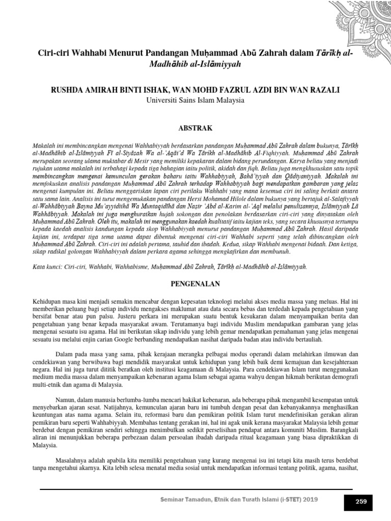 Ciri-Ciri Wahhabi Menurut Pandangan Mu Ammad Abū Zahrah Dalam Tārīk Al-Madhāhib Al-Islāmiyyah | PDF