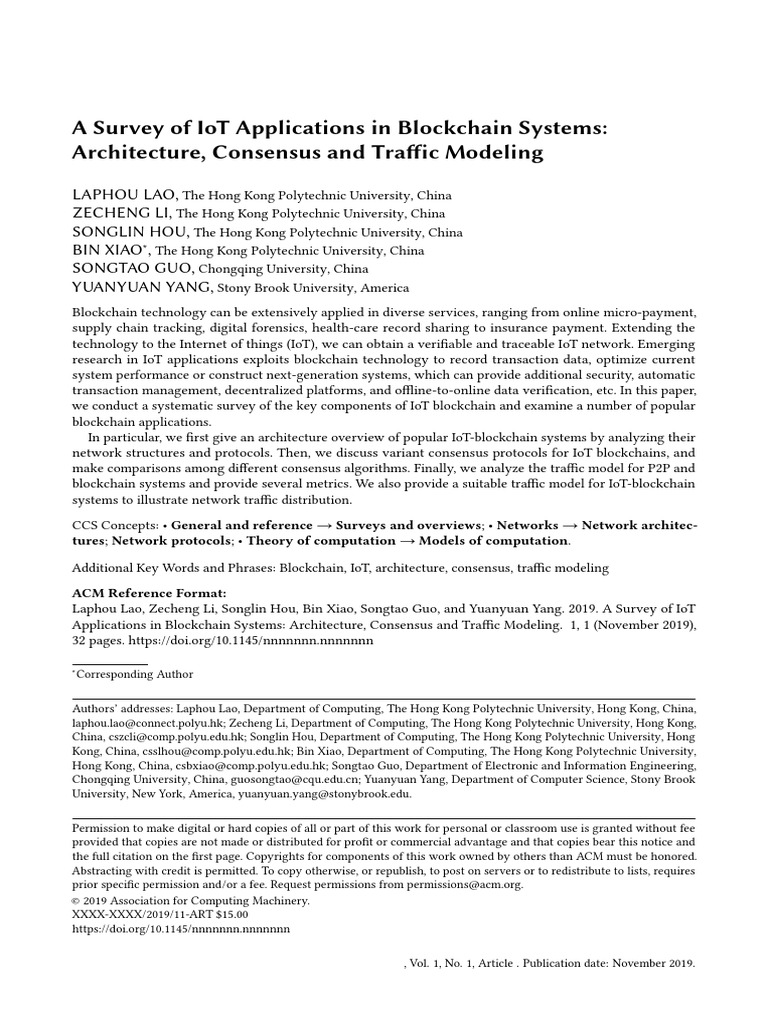 2-A Survey of IoT Applications in Blockchain SystemsArchitecture, Consensus and Traffic Modeling ...