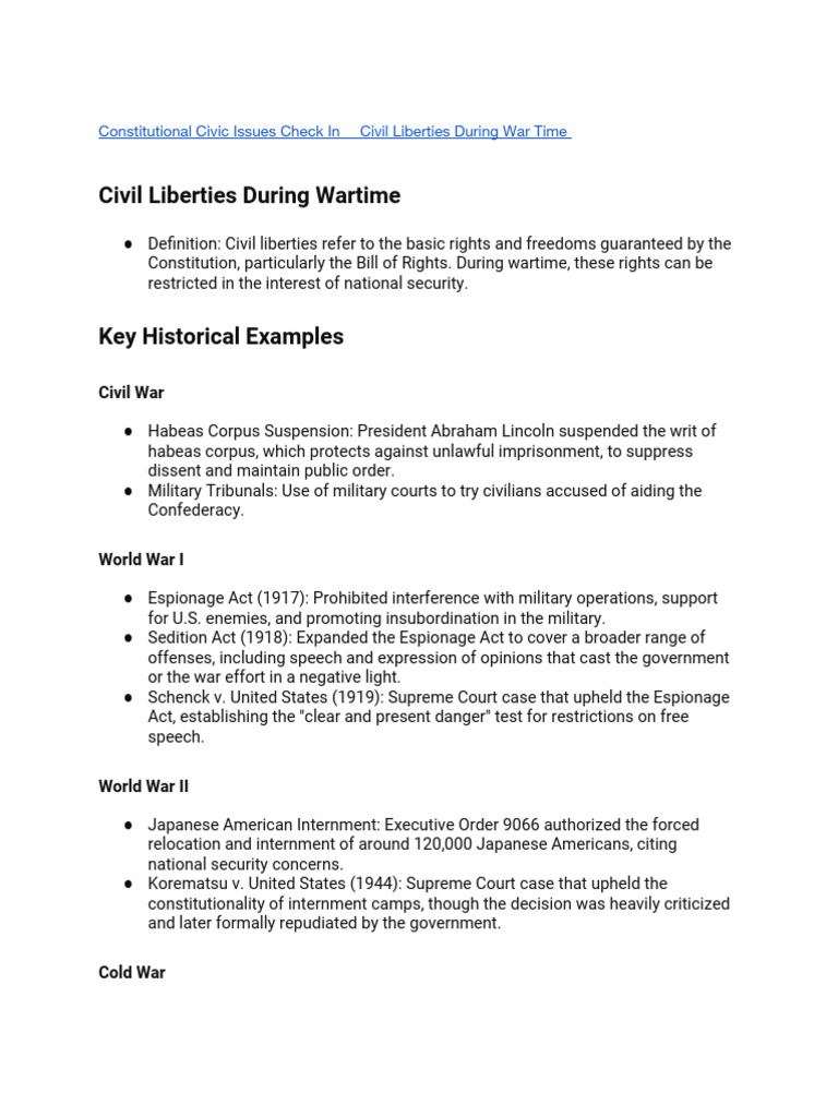 Constitutional Civic Issues Check in - Civil Liberties During War Time ...