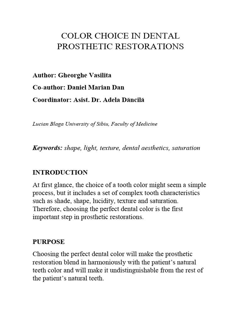 Optimal Color Selection in Dental Prosthetics | PDF | Color | Human Tooth