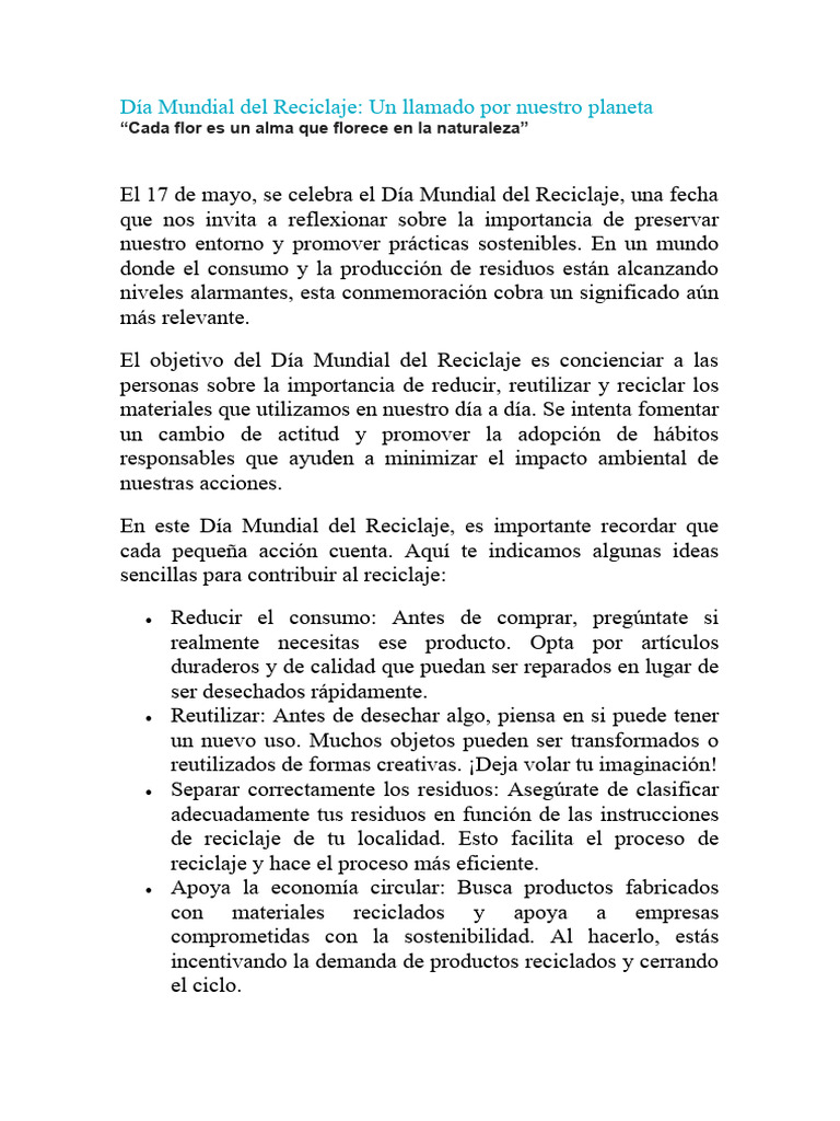 Día Mundial Del Reciclaje | Descargar gratis PDF | Reciclaje | Residuos