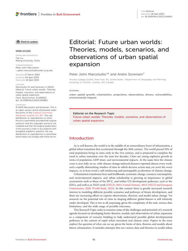 Editorial Future Urban Worlds Theories Models Scenarios And Observations Of Urban Spatial
