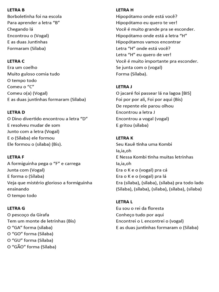 Letras Das Músicas Do Alfabeto | Download grátis PDF | Sílaba | Voz humana