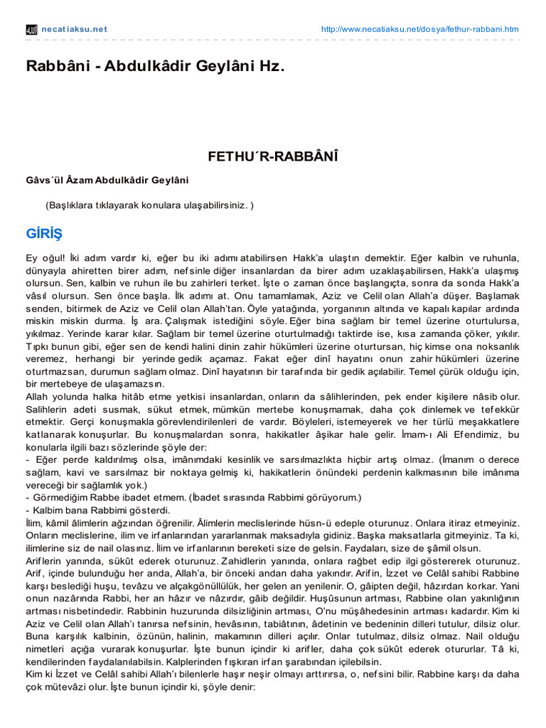 Fethu-R RabbÃ Ni - AbdulkÃ Dir GeylÃ Ni | PDF