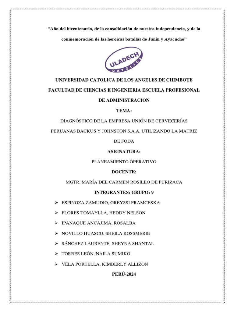 Dianostico De La Empresa Backus La Matriz De Foda Actividad 10 Pdf