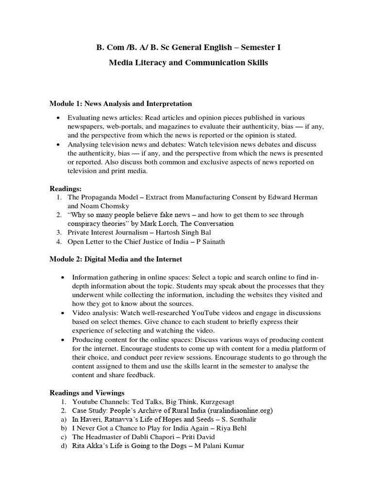 Media Literacy - 1 Semester | PDF | Mass Media | News