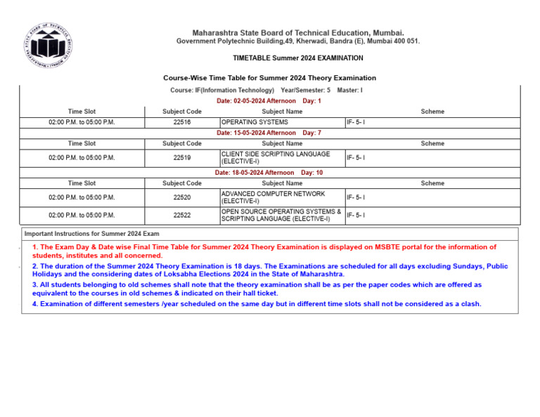 5th Semester Time Table For Summer 2024 Theory Examination | PDF | Academic Term | Computing