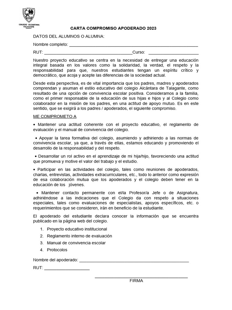 Carta Compromiso Apoderado 2023 | Descargar gratis PDF | Evaluación ...