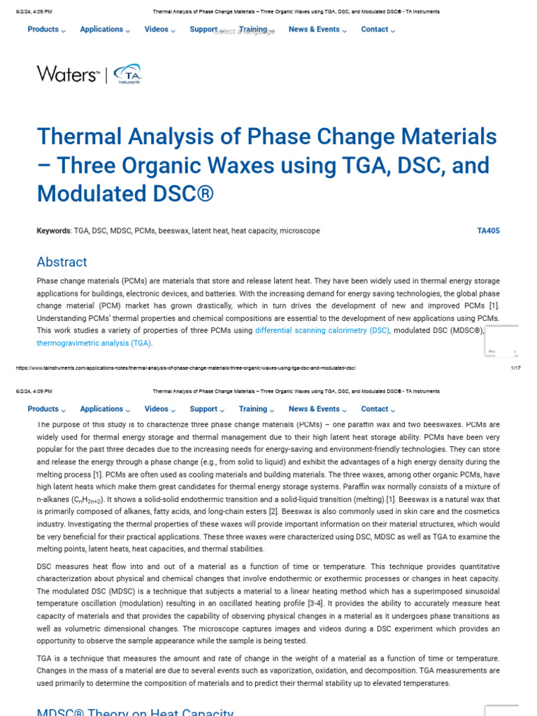 Thermal Analysis of Phase Change Materials - Three Organic Waxes Using TGA, DSC, and Modulated ...
