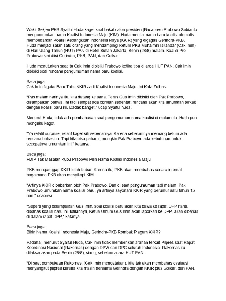 Wakil Sekjen PKB Syaiful Huda Kaget Saat Bakal Calon Presiden | PDF