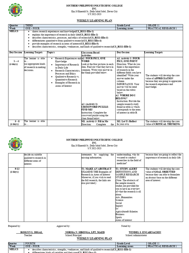 Grade 11 Practical Research Weekly Plan | PDF | Learning | Qualitative Research
