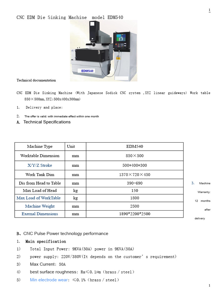 Specification of CNC EDM Die Sinking EDM540 | PDF | Numerical Control ...