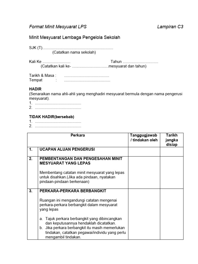 C3 - Format Minit Mesyuarat LPS - Lampiran C3 | PDF | Teknologi & Rekayasa