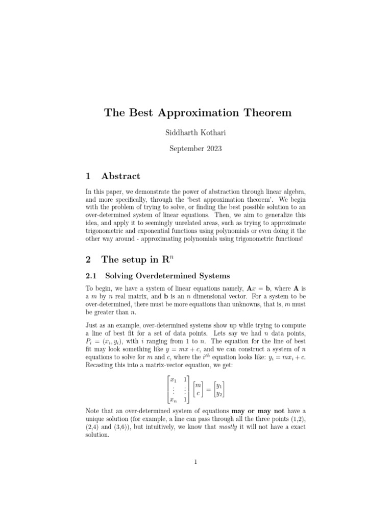 The Best Approximation Theorem Incomplete Pdf Equations Vector Space
