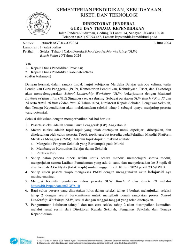 Surat Seleksi 1 SLW Batch 9 10 2024 | PDF