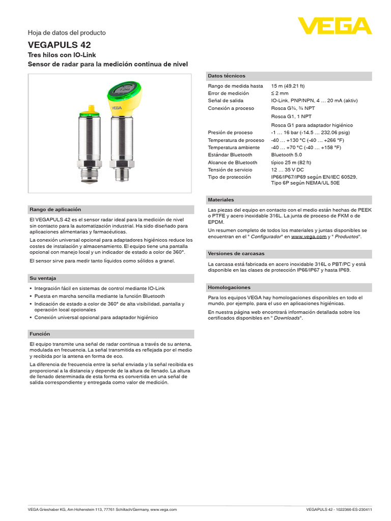 ES Data Sheet VEGAPULS 42 Tres Hilos Con IO Link Sensor de Radar para ...