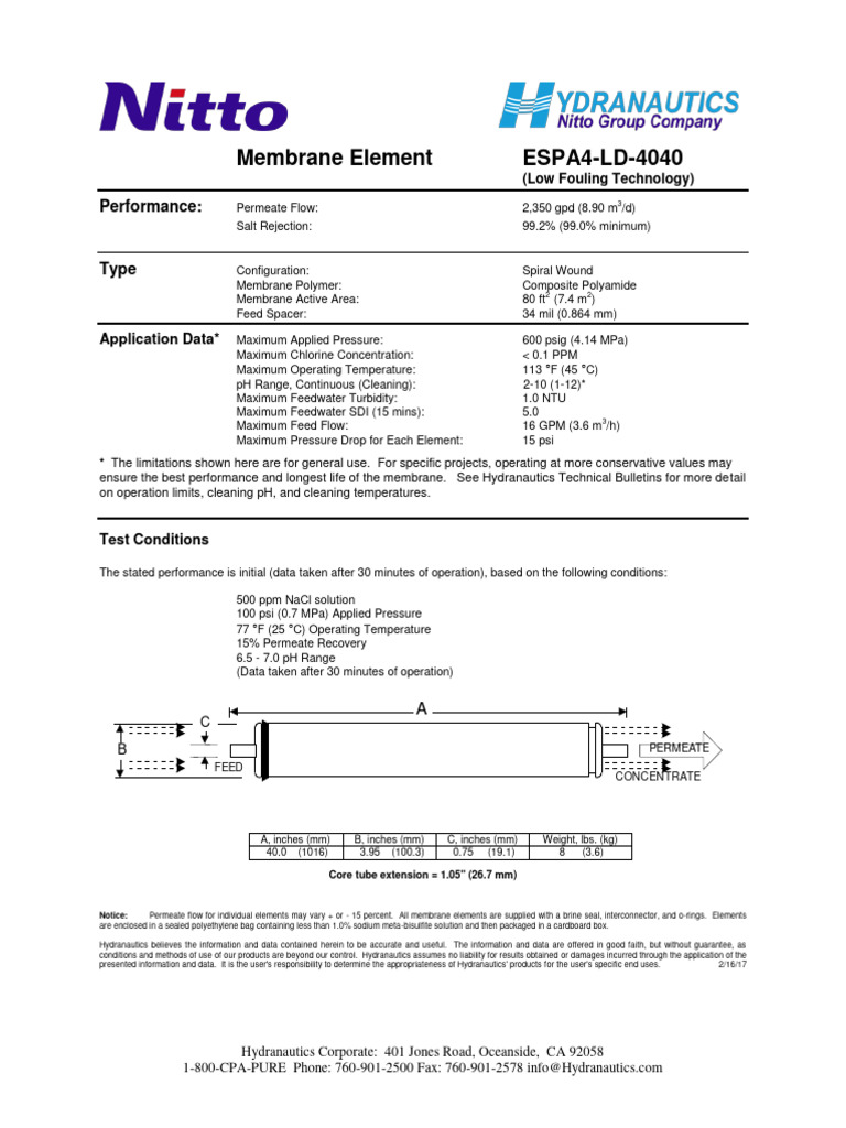 Hydranautics Espa4 LD 4040 | PDF | Membrane | Separation Processes