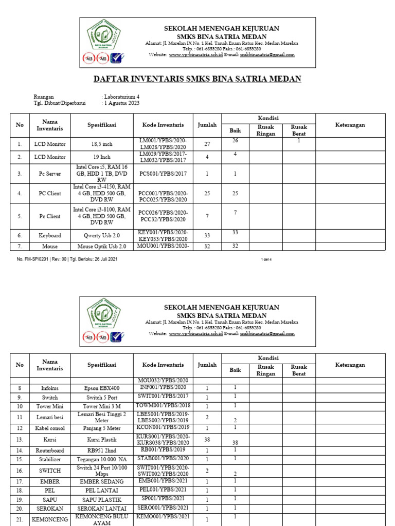 FM0201. Daftar Inventaris Sarpras LAB 4 TKJ | PDF