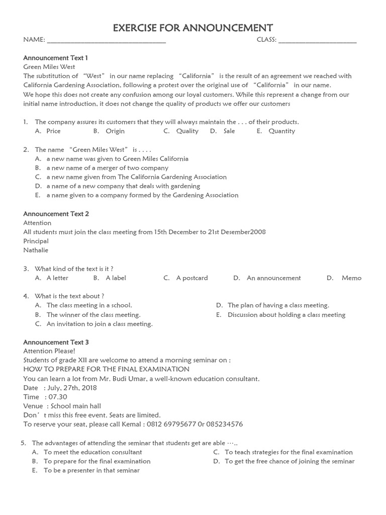 Exercise For Announcement | PDF | Language Arts & Discipline | Foreign ...