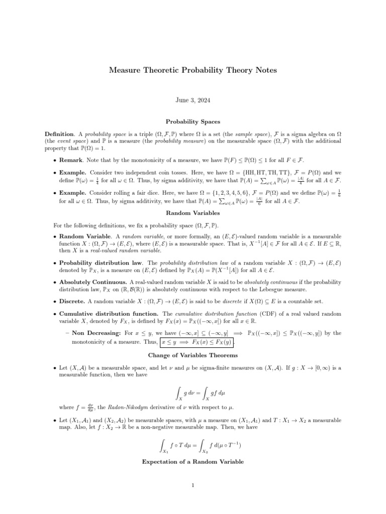 Measure Theoretic Probability Theory Notes | PDF | Probability Theory ...