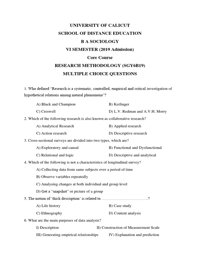 MCQ - Research Methodology | PDF | Survey Methodology | Methodology