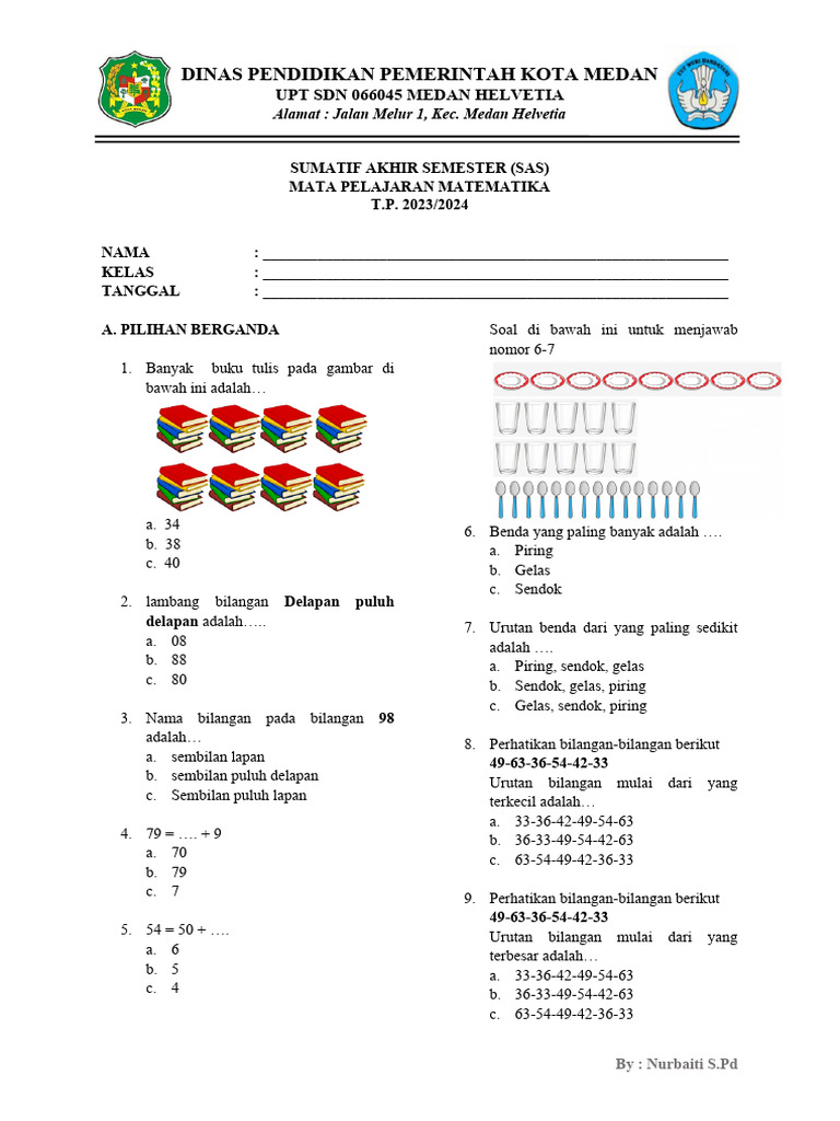 Sumatif Akhir Semester Matematika Kelas 1 REVISI | PDF
