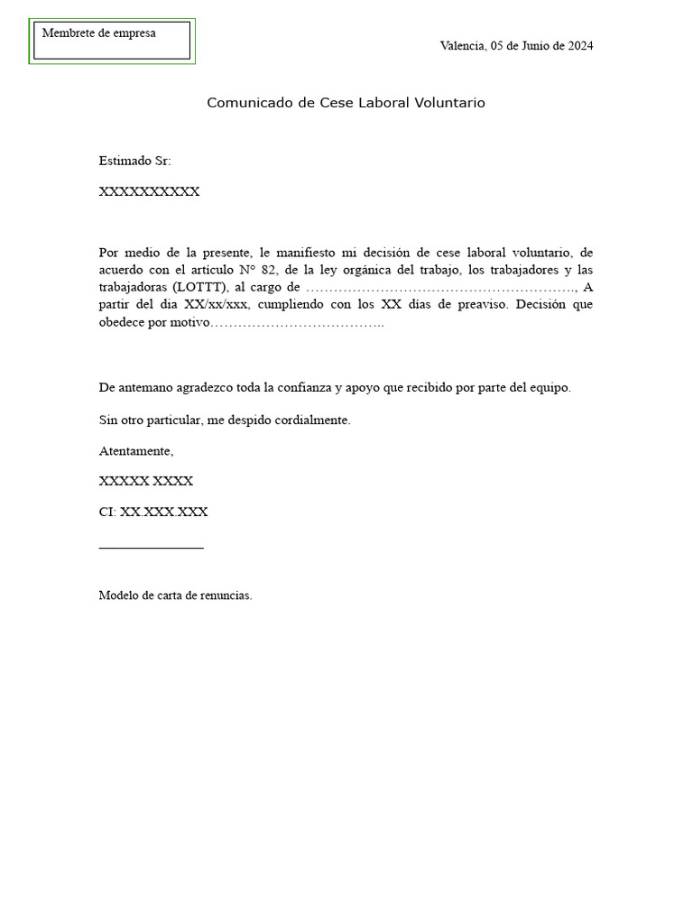 Modelo de carta de cese laboral | PDF