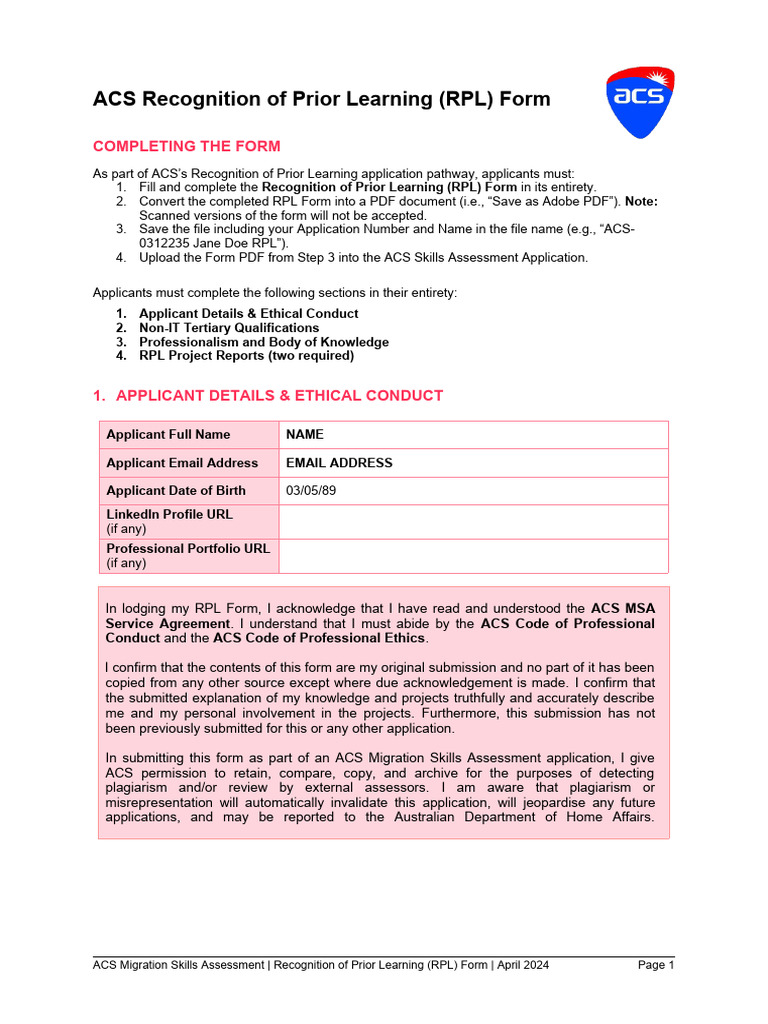 ACS Recognition of Prior Learning (RPL) Form 2024 v2 | Download Free ...