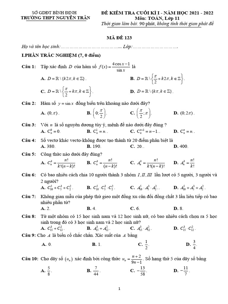 De Kiem Tra Cuoi Ki 1 Toan 11 Nam 2021 2022 Truong THPT Nguyen Tran Binh Dinh | PDF