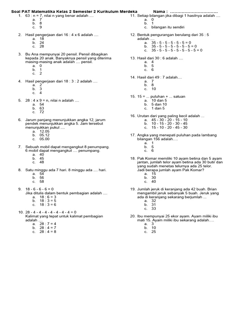 Soal PAT Matematika Kelas 2 Semester 2 Kurikulum Merdeka | PDF