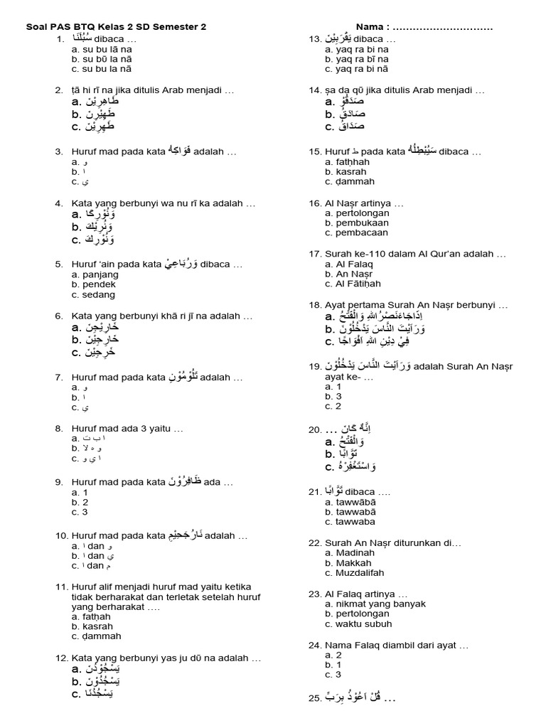 Soal PAS BTQ Kelas 2 SD Semester 2 | PDF