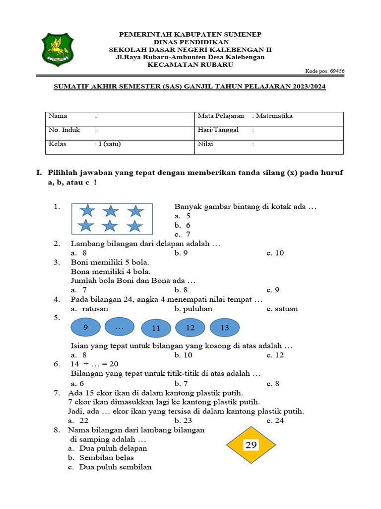 Soal SAS Ganjil 2023 Matematika Kls 1 | PDF