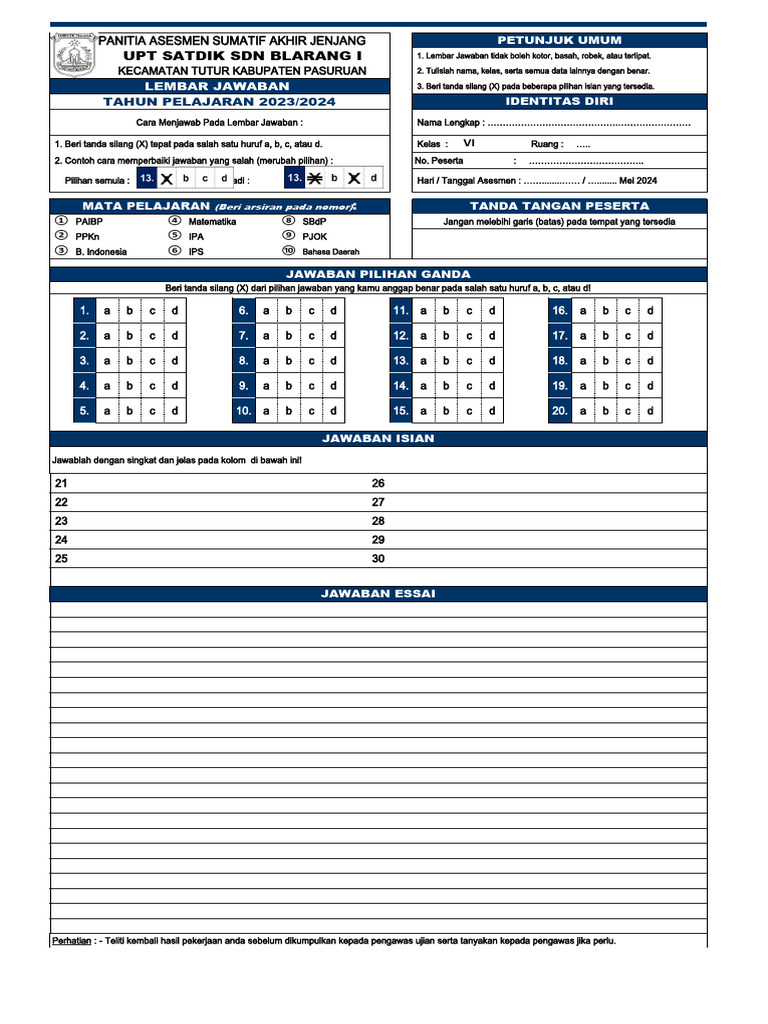 Format LJK Ujian Sekolah SD 2025 | PDF